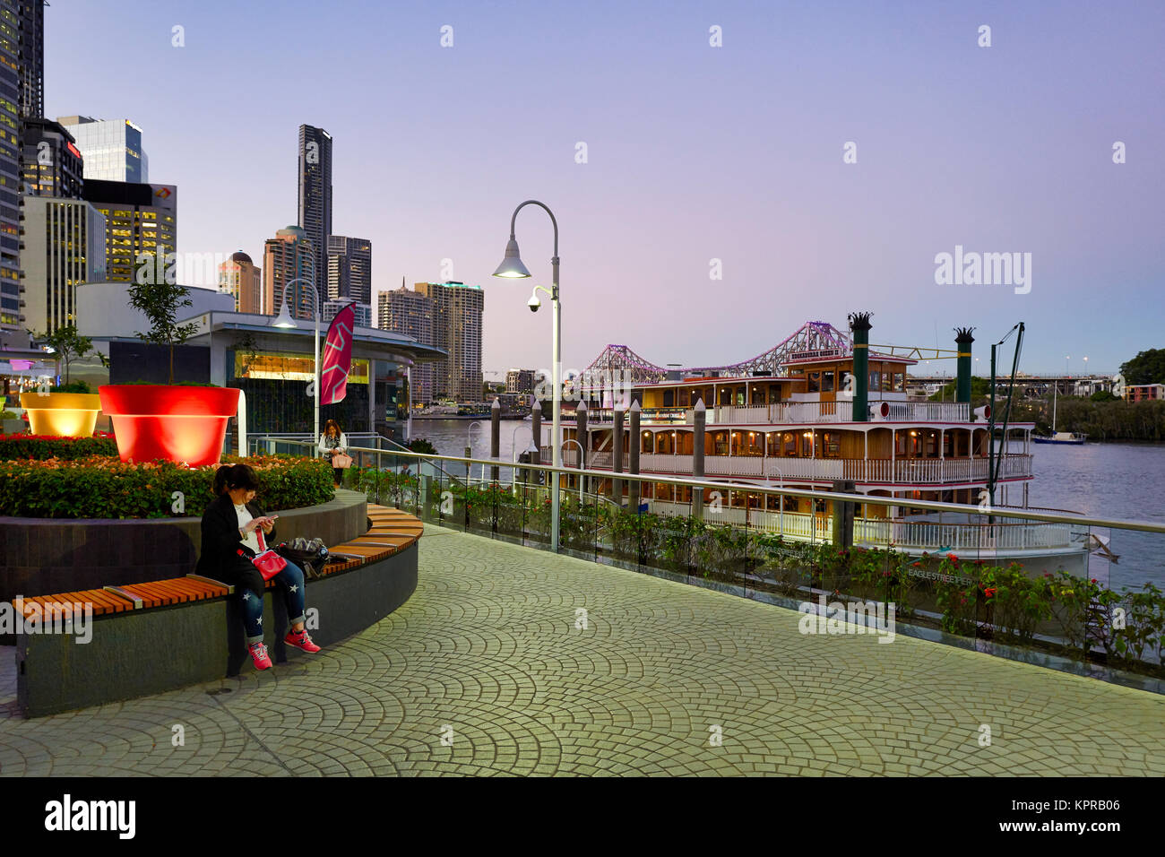 Brisbane riverfront at Eagle Street pier at dusk. Queensland, Australia ...