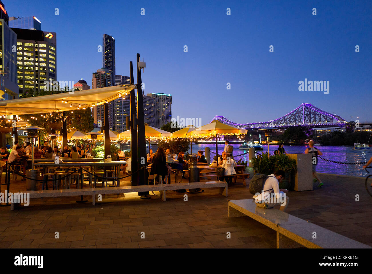 Brisbane riverfront at Eagle Street pier at dusk. Queensland, Australia ...