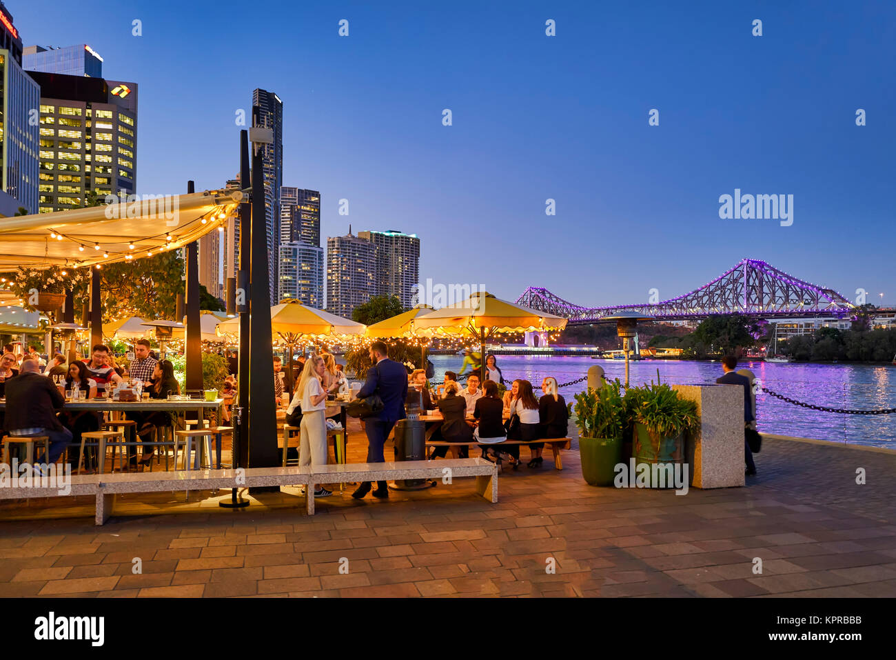 Brisbane riverfront at Eagle Street pier at dusk. Queensland, Australia ...