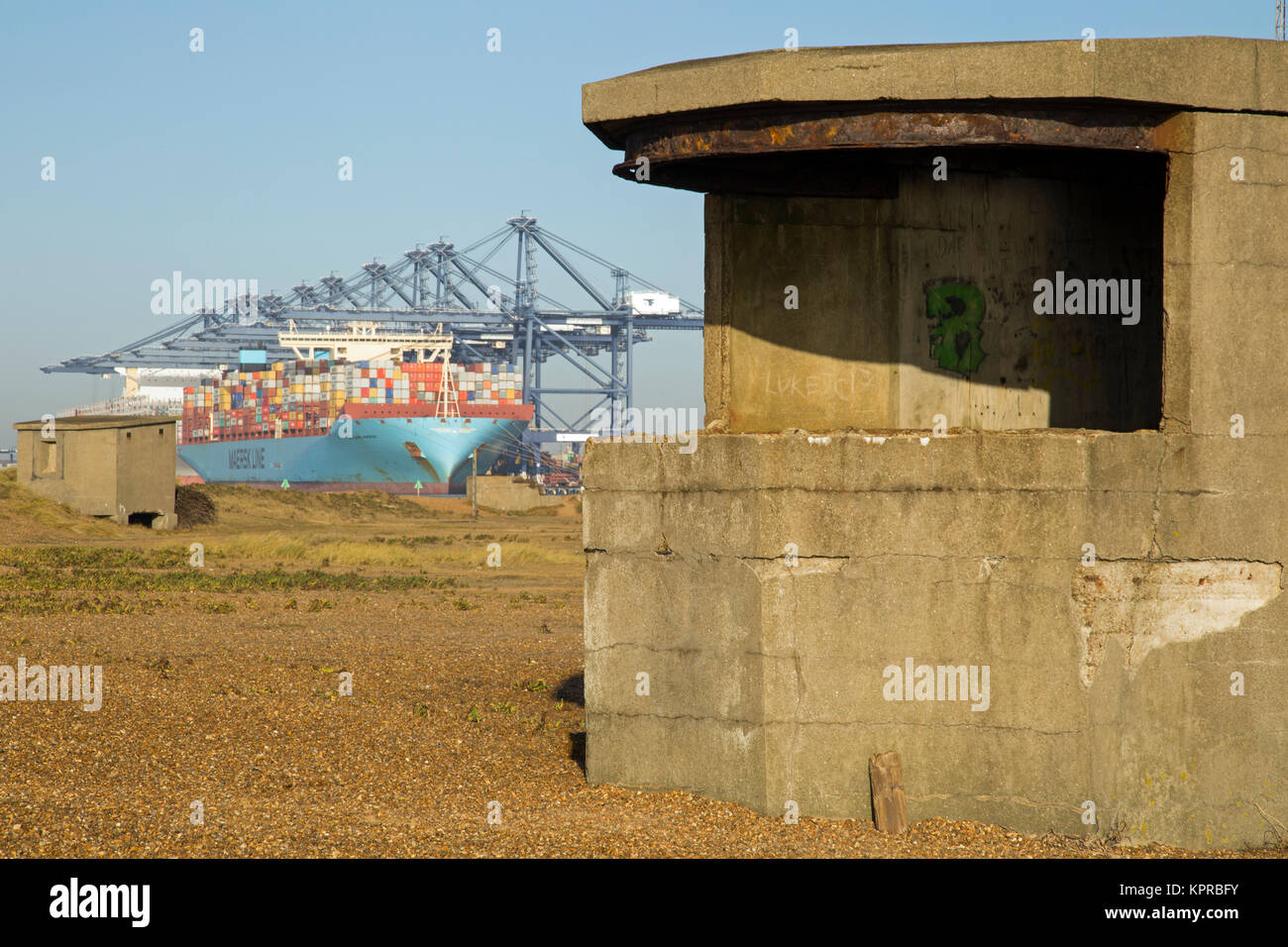 World war two defense installations at Ipswich port with ships in the ...