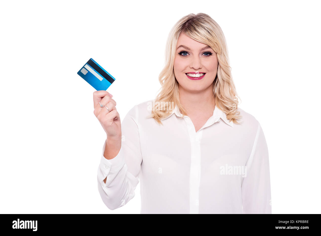 Business lady showing debit card Stock Photo - Alamy