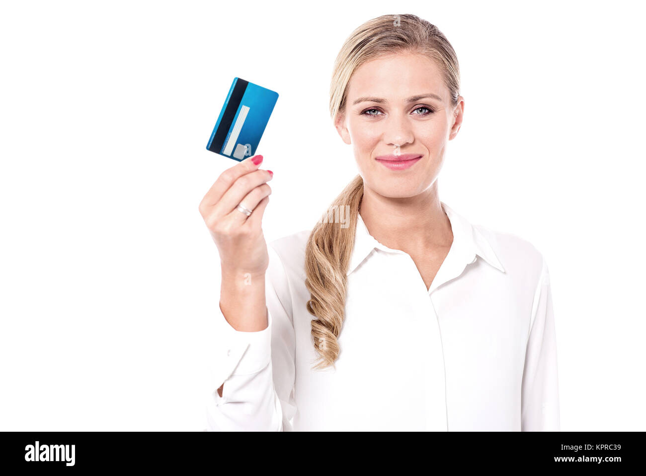 Business lady holding debit card Stock Photo - Alamy