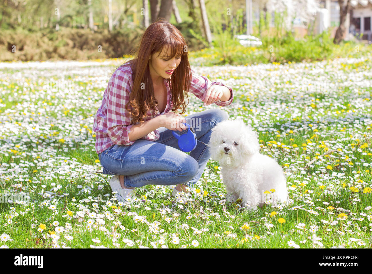 Happy Woman Enjoying Nature With Her Dog Stock Photo - Alamy