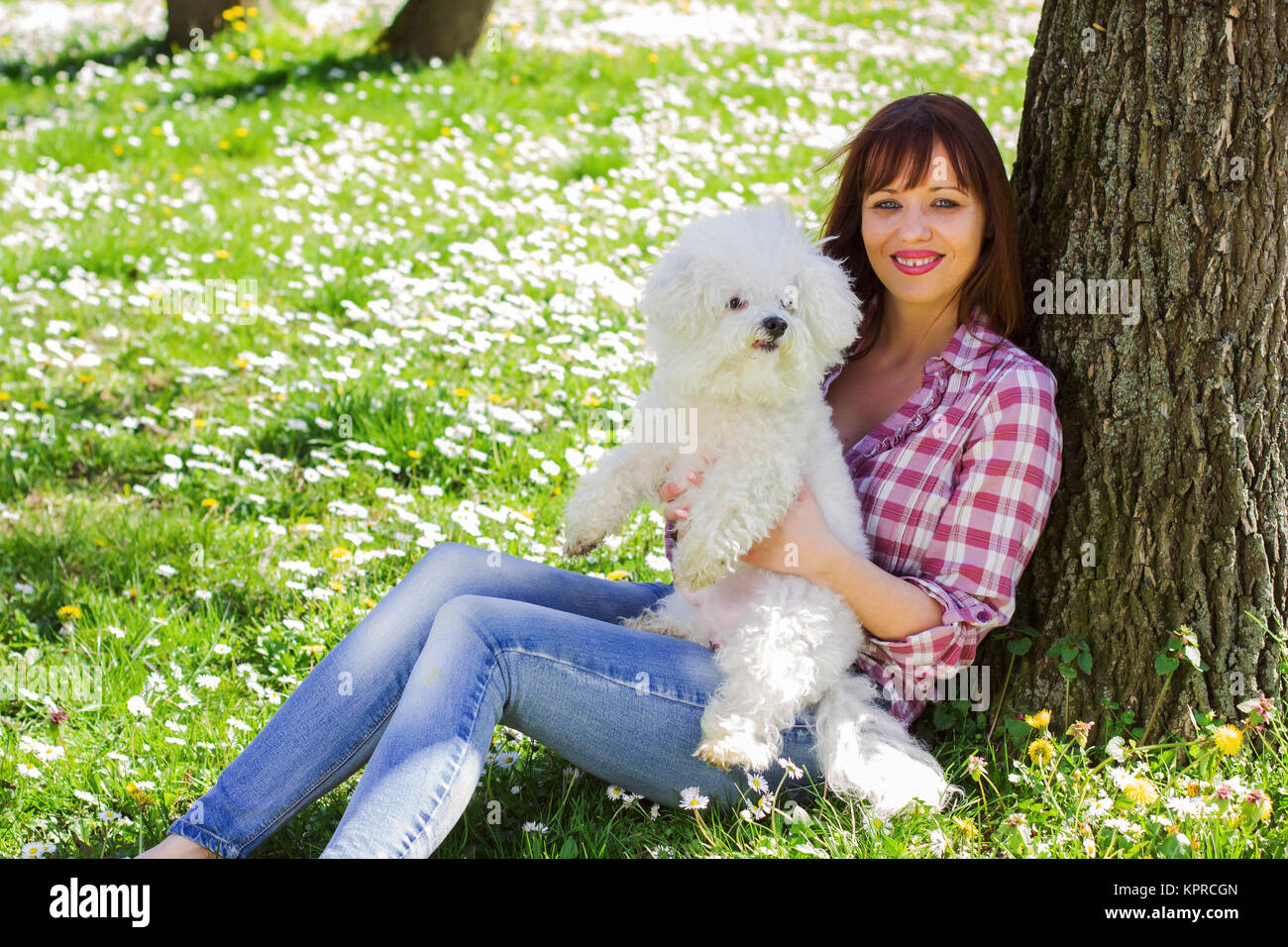 Happy Woman Enjoying Nature With Her Dog Stock Photo - Alamy