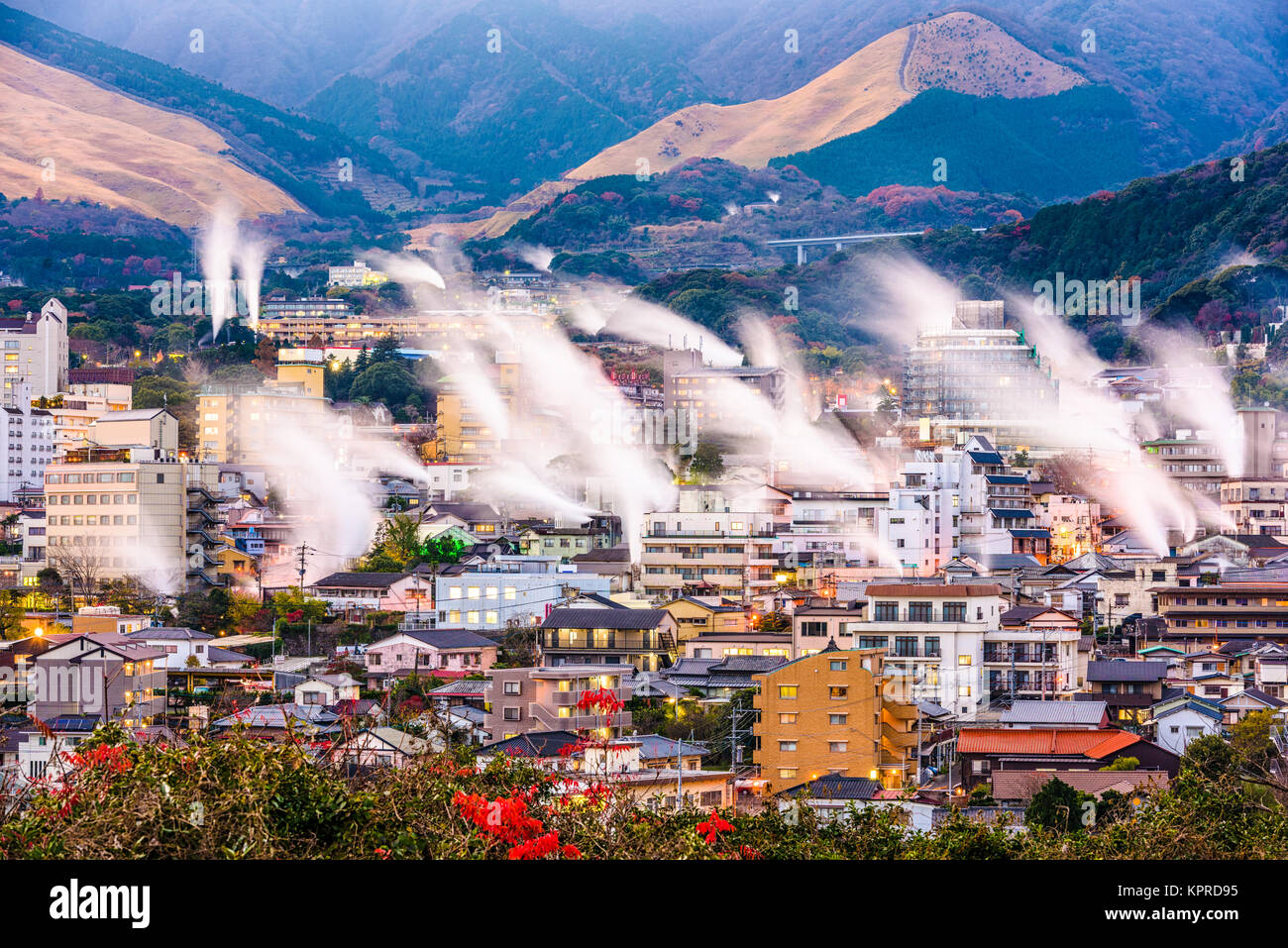 Beppu, Japan cityscape with hot spring bath houses with rising steam ...