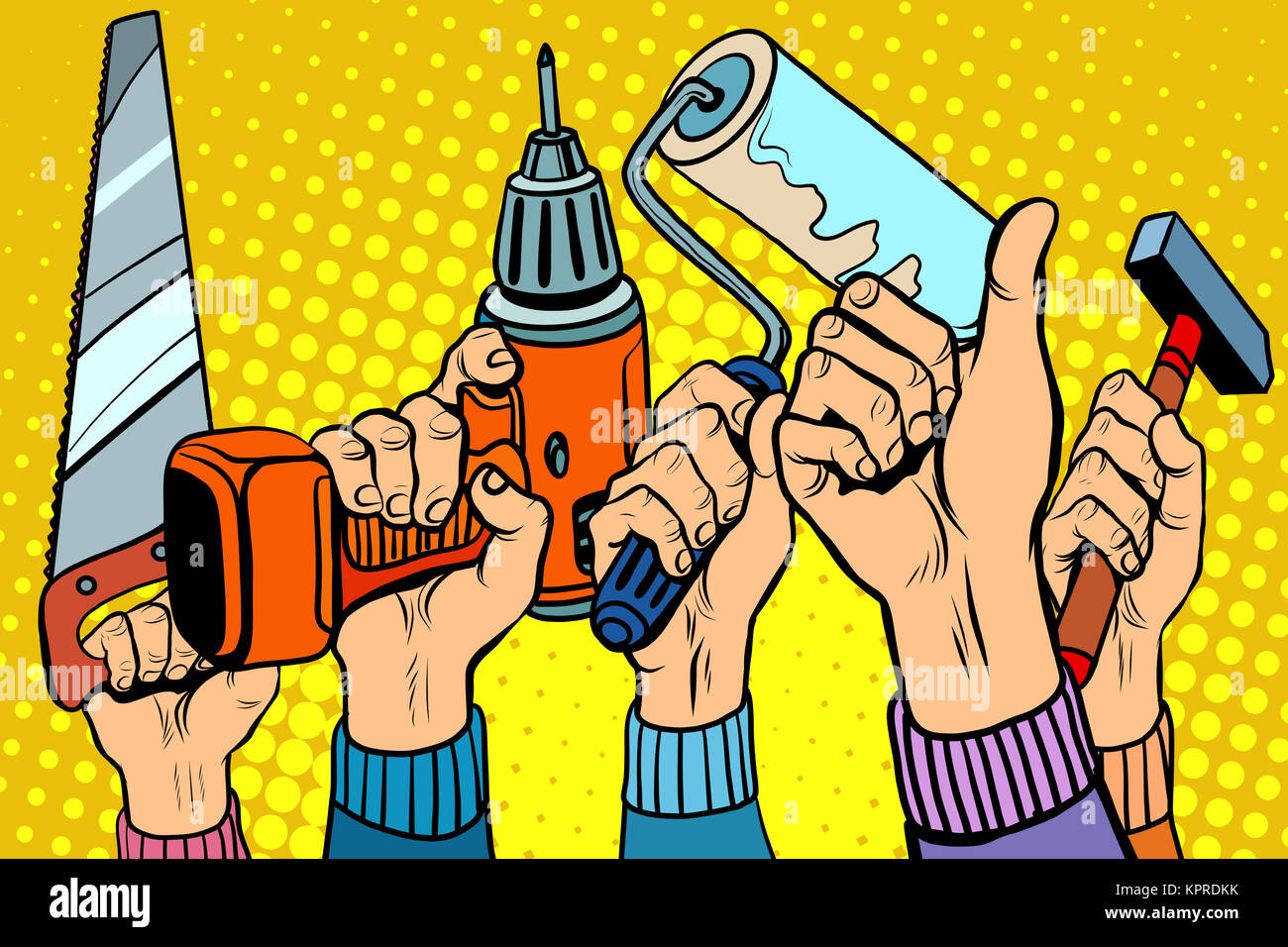 Tools saw drill paint roller hammer Stock Photo - Alamy