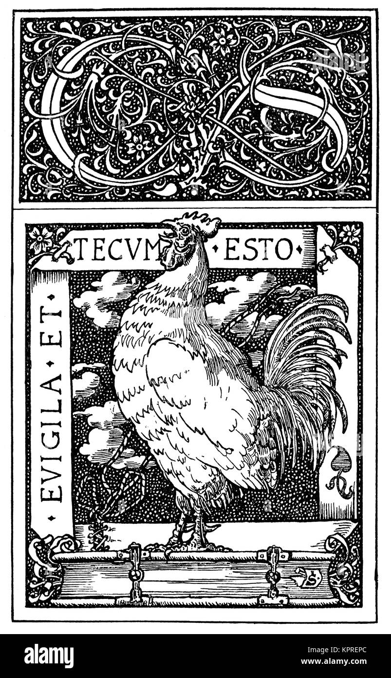Cock crowing bookplate design by German, artist and designer Joseph ...