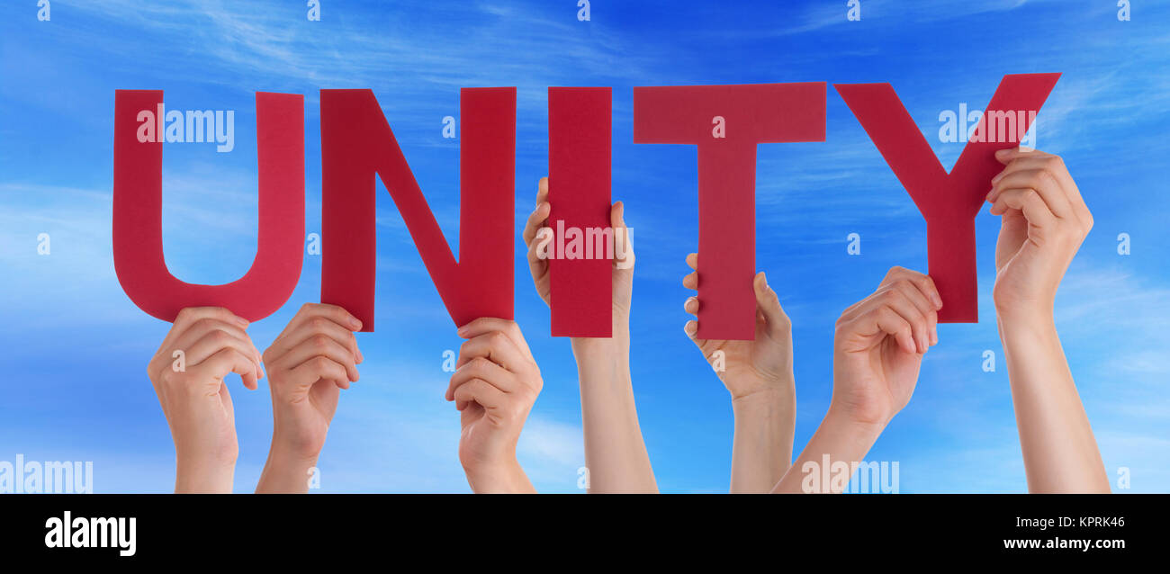 Many Caucasian People And Hands Holding Red Straight Letters Or ...