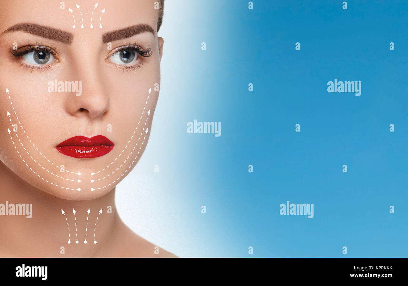 The beautiful woman face with arrows close up over blue background ...