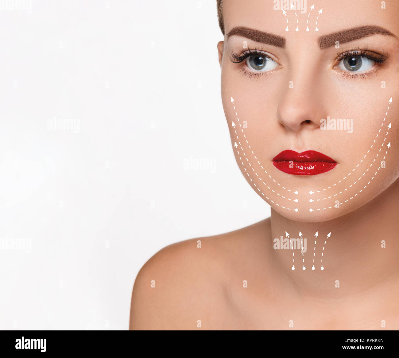 The beautiful woman face with arrows close up over white background ...