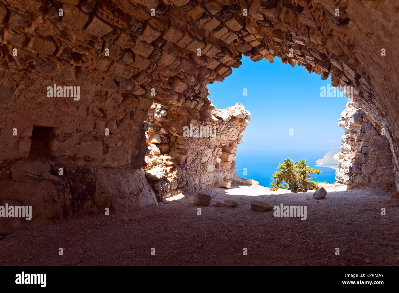 Rhodes, Greece, Monolithos castle overlooking the Mediterranean sea ...