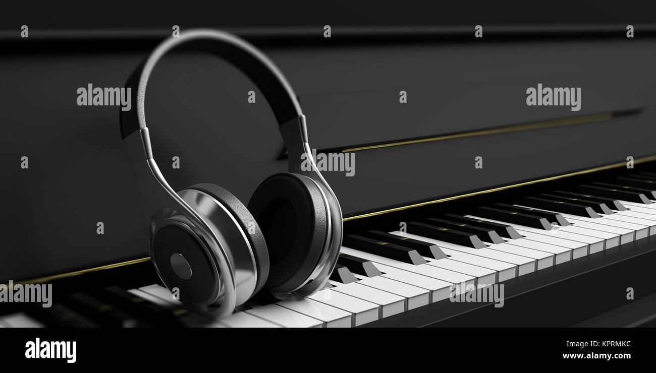Headphones on a black piano. 3d illustration Stock Photo - Alamy