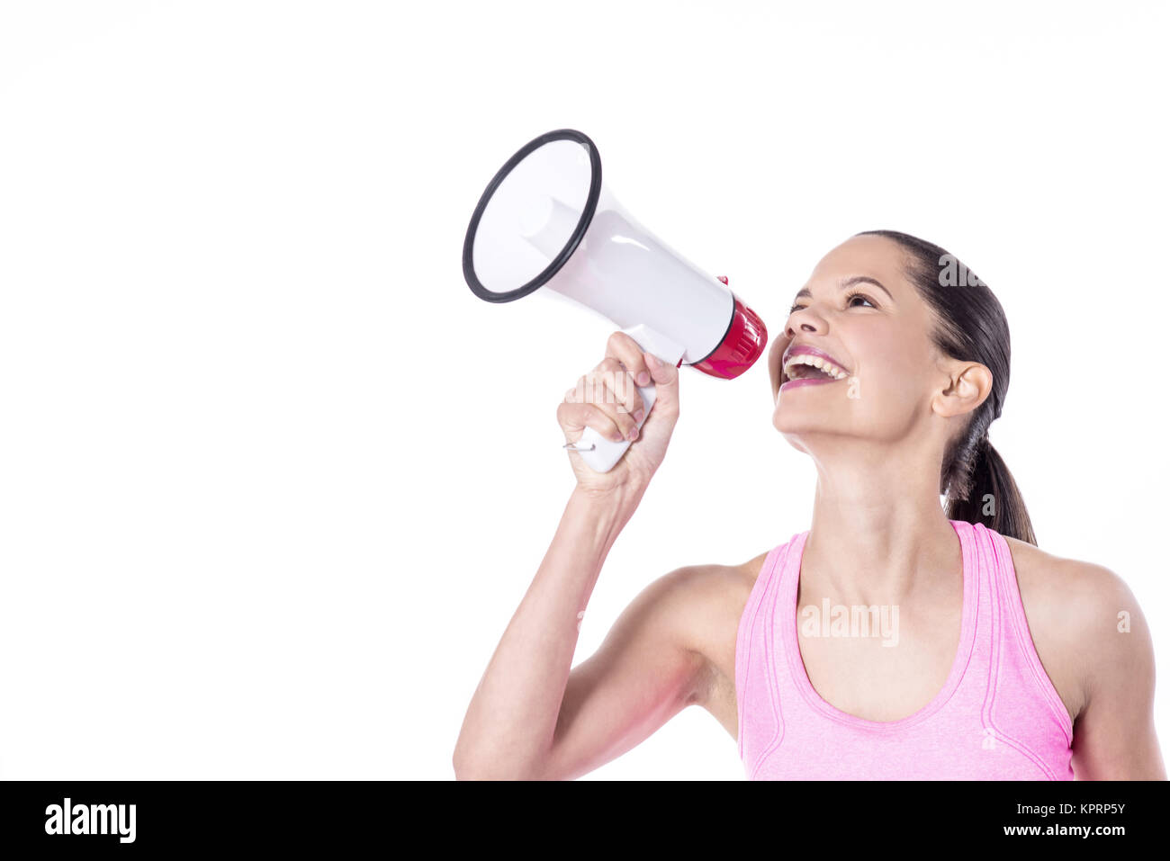 Cheerful woman making an announcement Stock Photo - Alamy