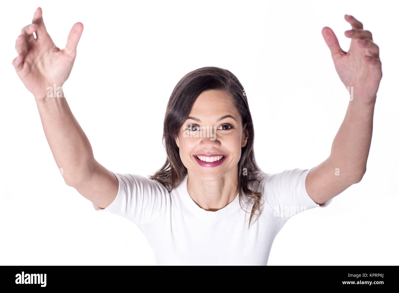 Young woman showing hands up sign Stock Photo - Alamy