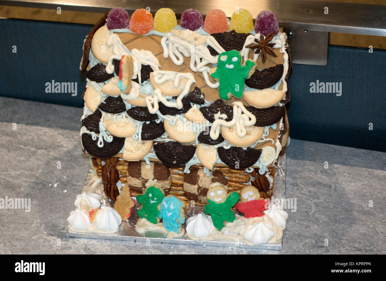 Gingerbread house decorated for the holiday season with gum drops ...
