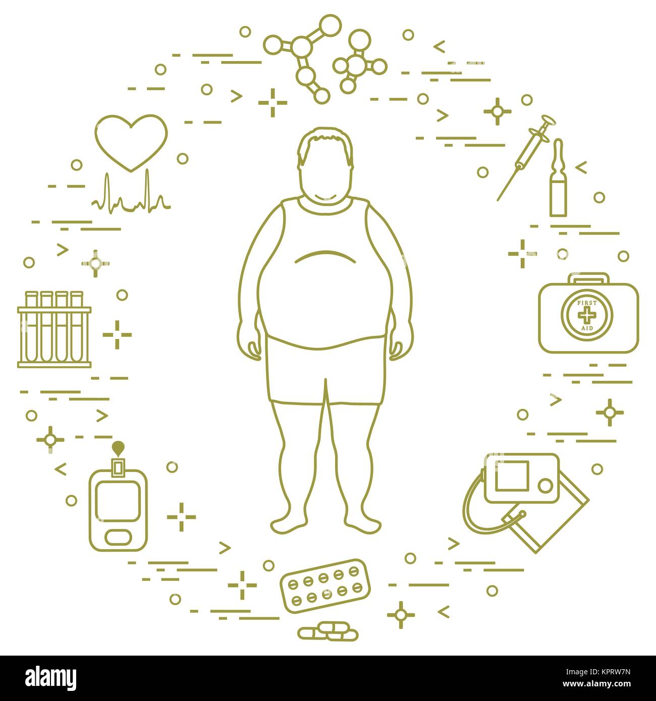 Fat man with medical devices, tools and drugs around him. Health and ...