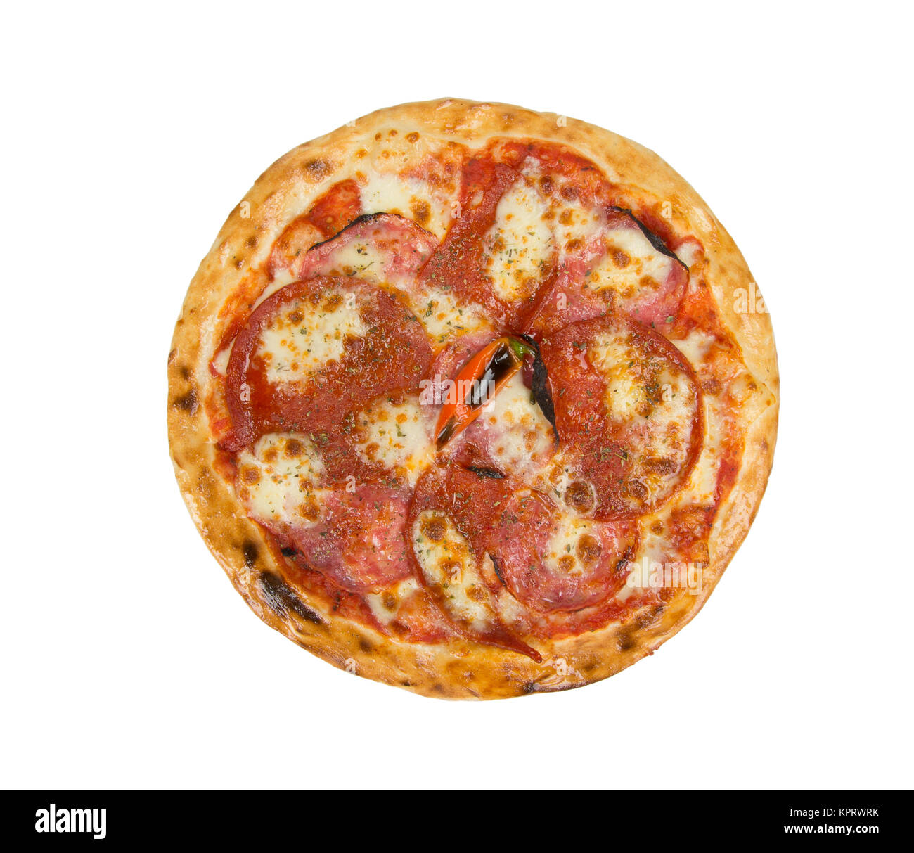 Pizza on a white background with tenderloin, cheese, tomato sauce ...