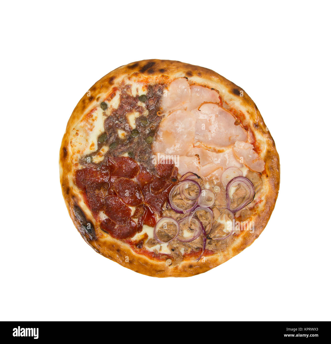 Pizza on a white background with tenderloin, cheese, tomato sauce ...
