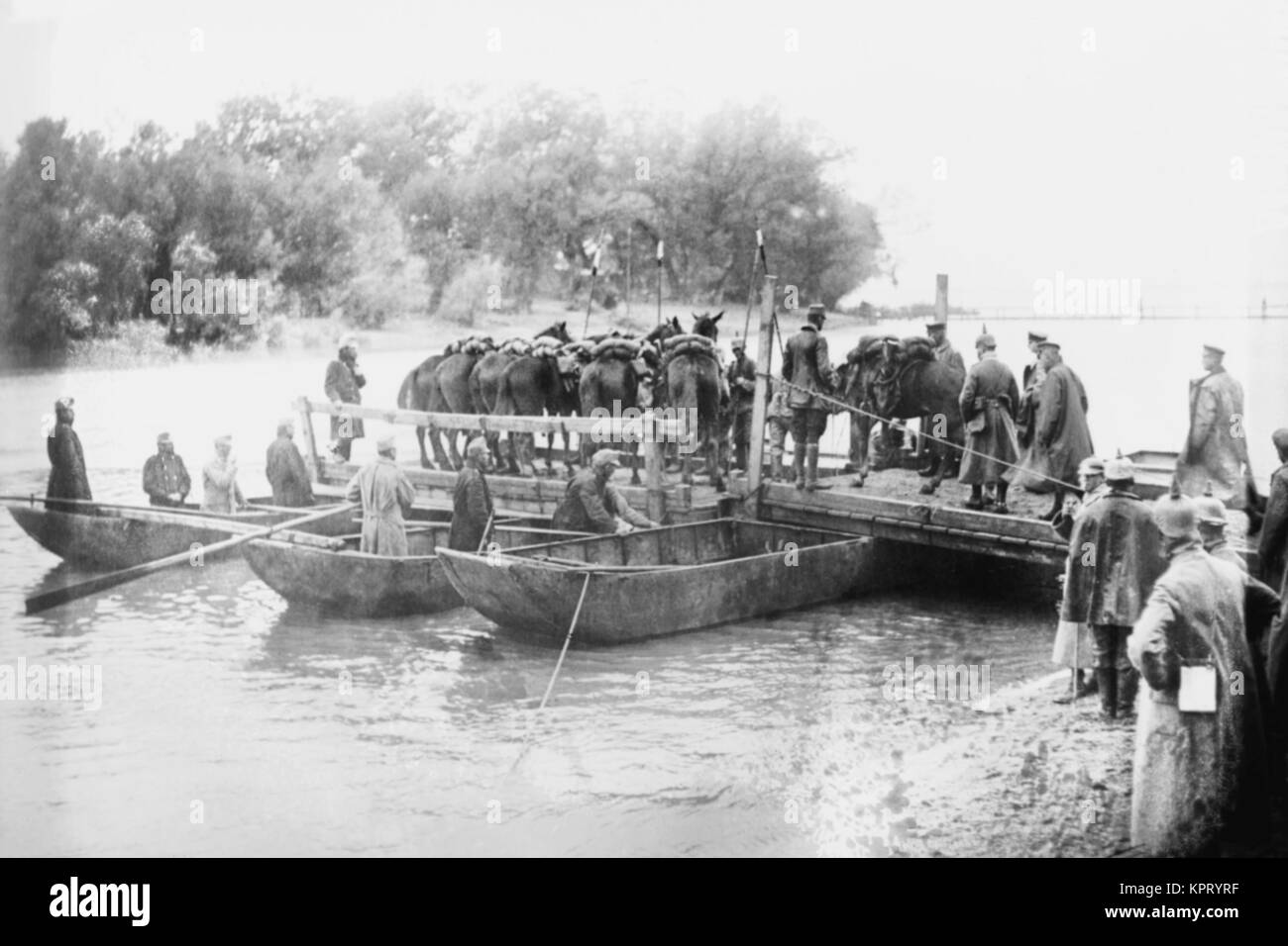WWI Pontoon Boat Bridge Transports Cavalry over Serbian River Stock ...
