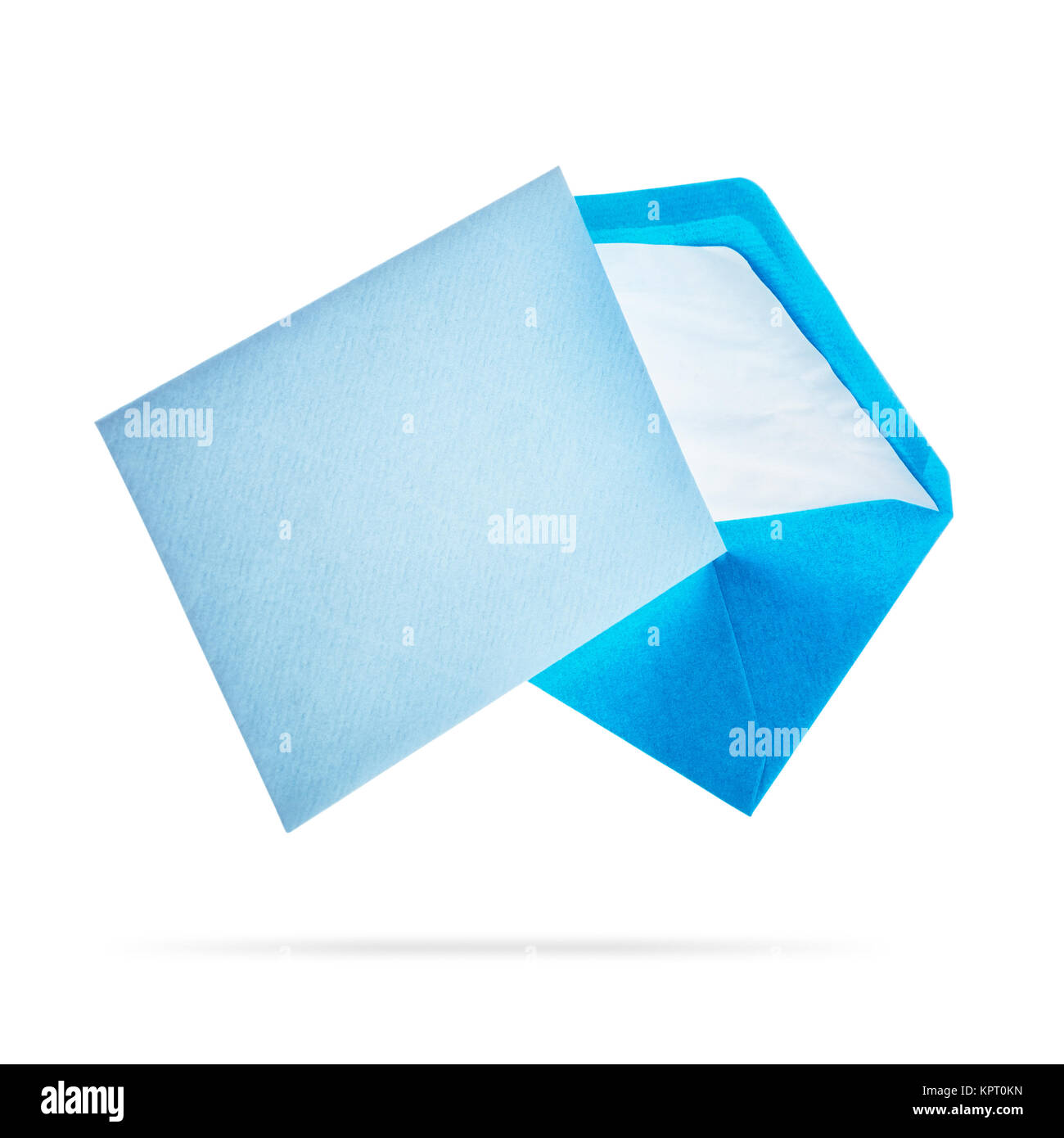 Blue envelope with card flying. Group of objects isolated on white background clipping path ...