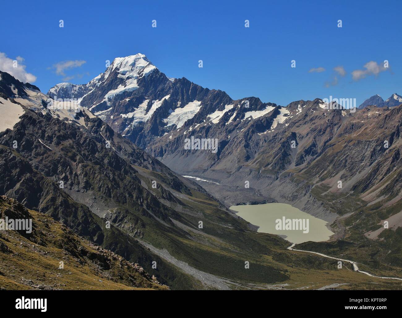 View of Mount Cook. Glacier lake. Beautiful scenery on the way to the ...