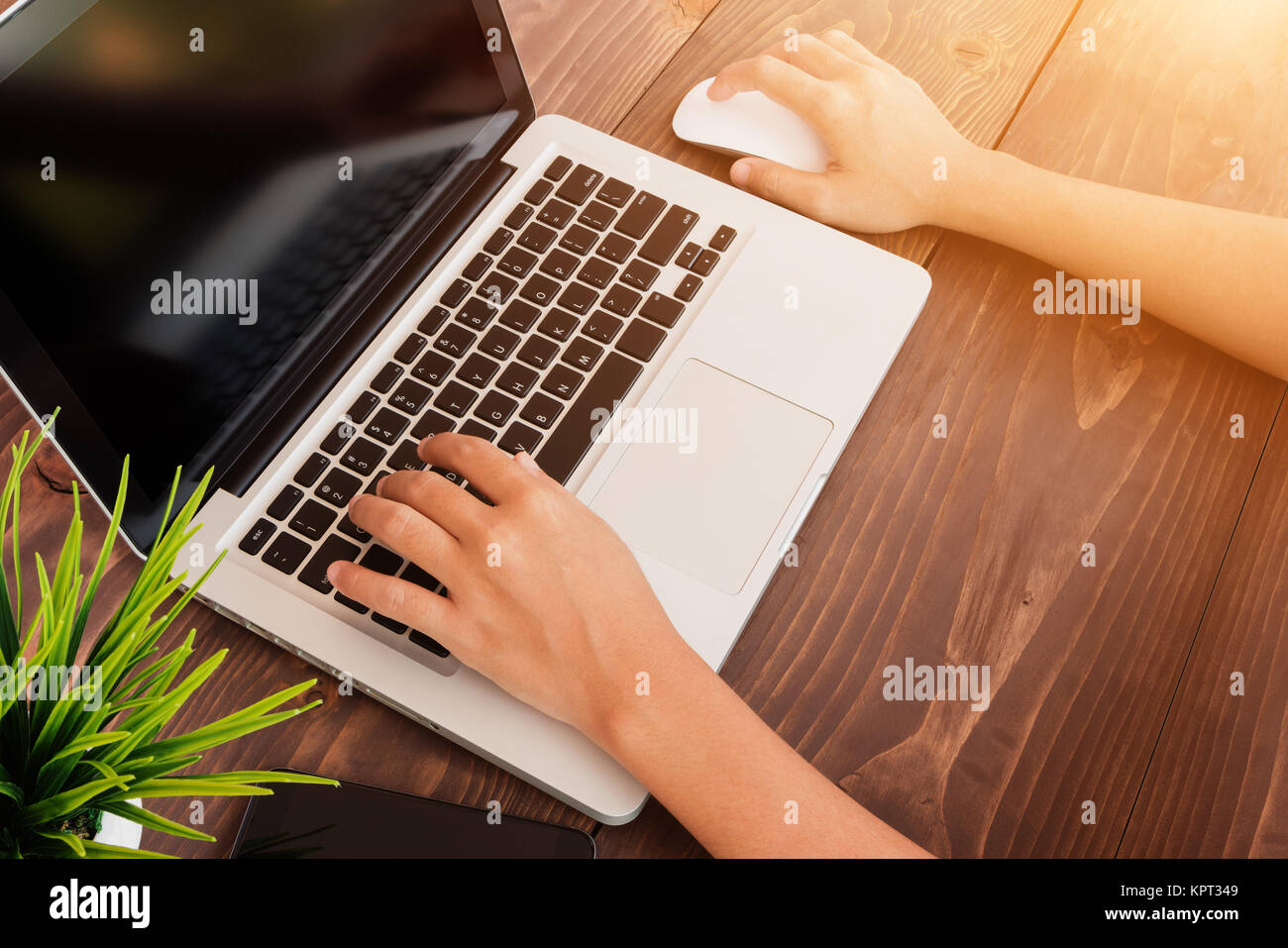 close up hand using laptop working in office Stock Photo - Alamy