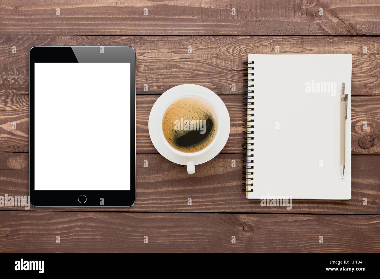 tablet coffee and book blank on wood tablet Stock Photo - Alamy