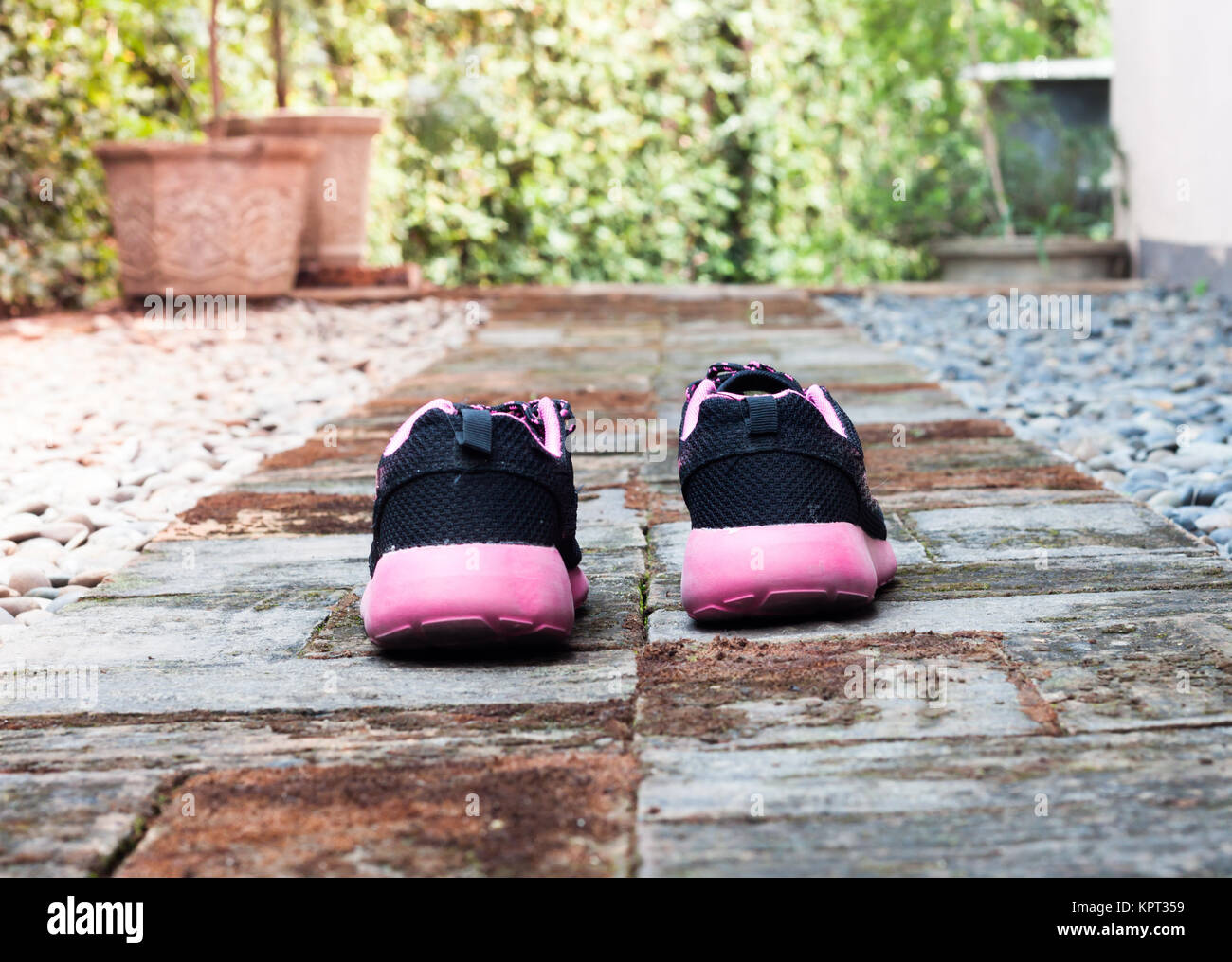 Running shoes in home garden foot path, stock photo Stock Photo - Alamy