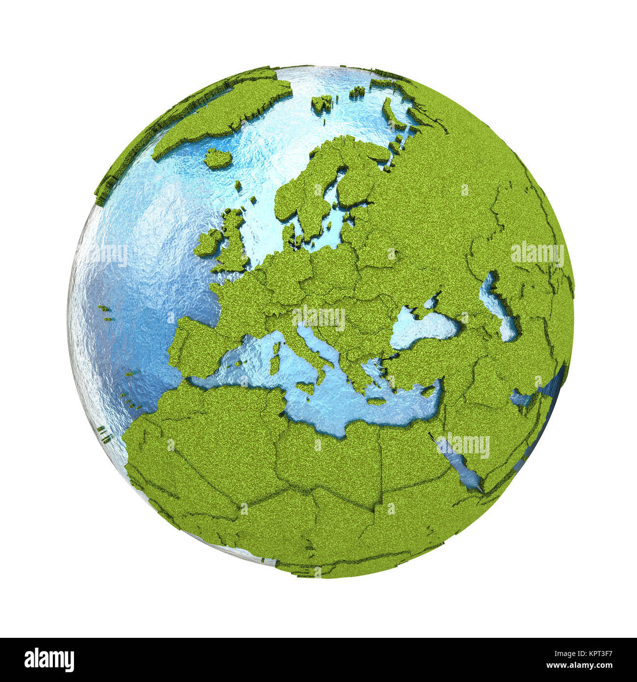 Europe on 3D model of planet Earth with grassy continents with embossed ...