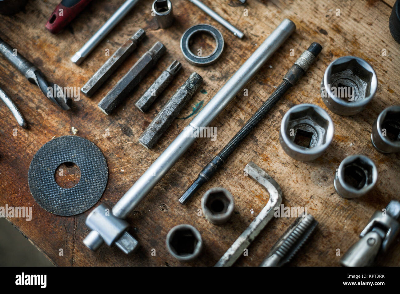 Color image of many tools on a wooden plank Stock Photo - Alamy