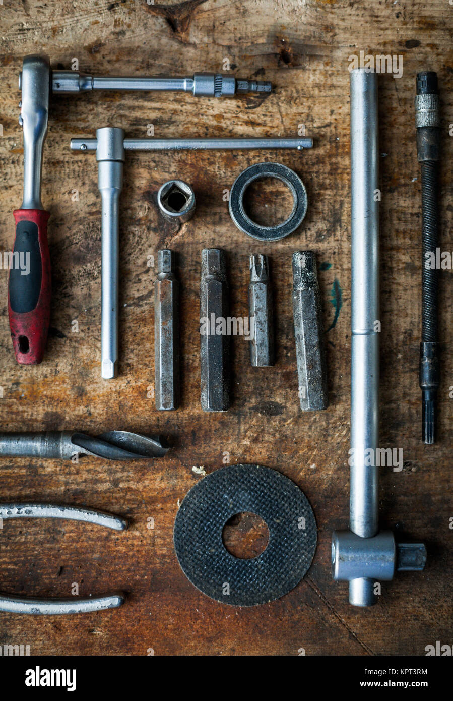 Color image of many tools on a wooden plank Stock Photo - Alamy
