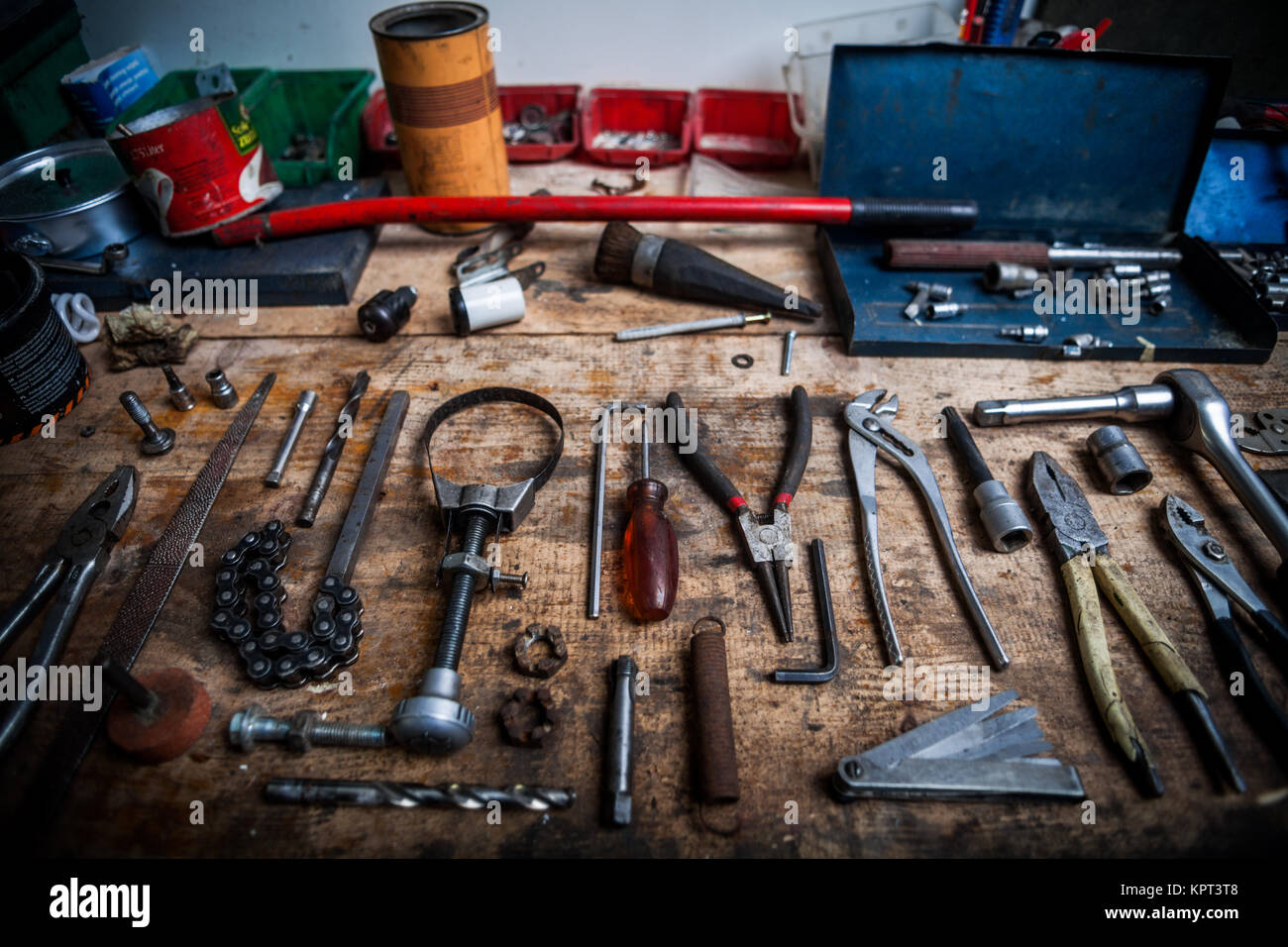 Color image of many tools on a wooden plank Stock Photo - Alamy