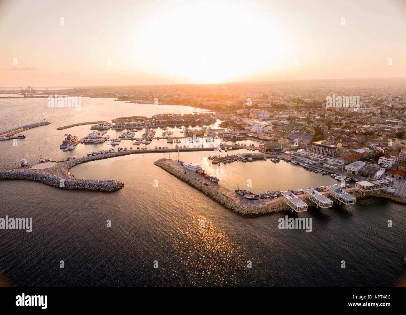 Aerial view of fishing boats docked at the Limassol old port (palio ...