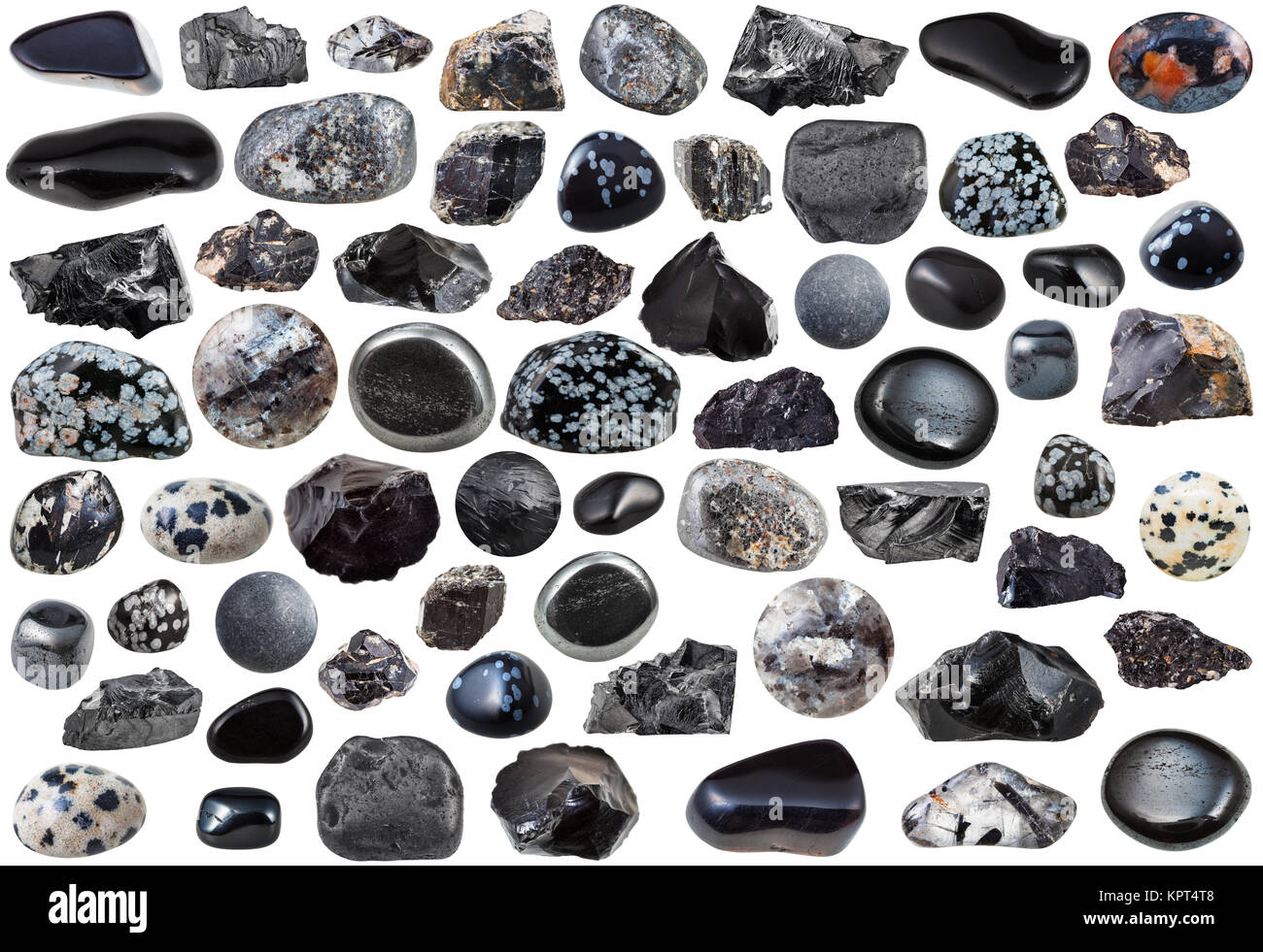 set of black natural mineral stones and gemstones isolated on white ...