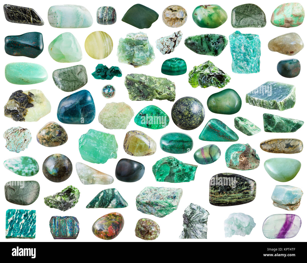 set of green natural mineral stones and gemstones isolated on white ...