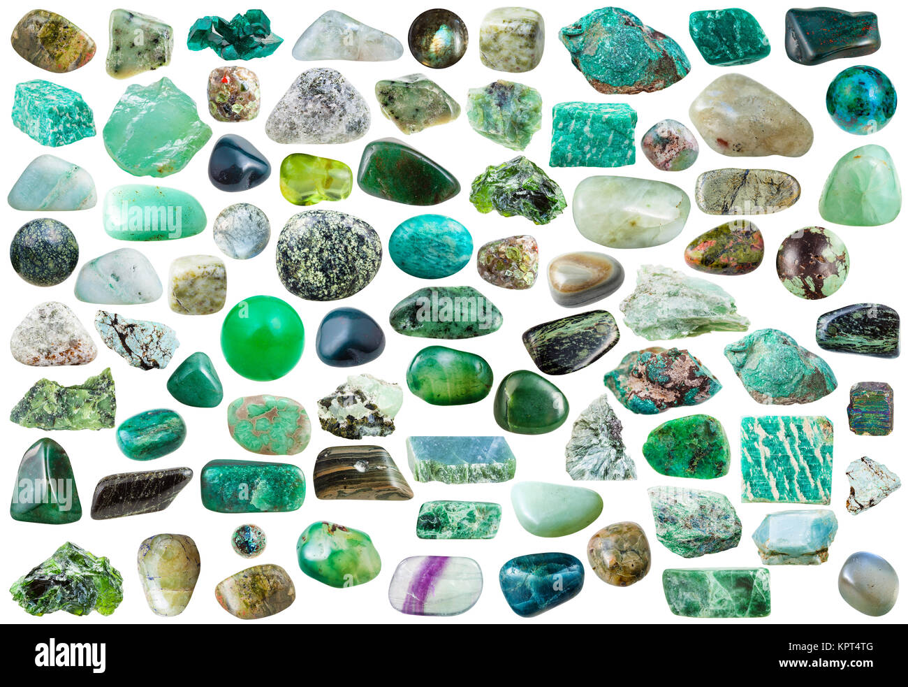 set of green mineral stones, crystals and gemstones isolated on white ...