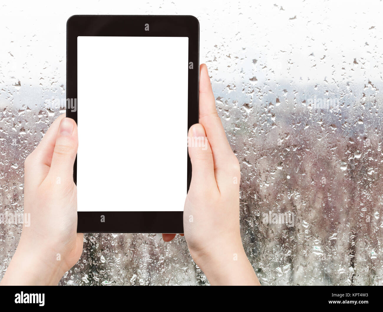 season concept - man photographs forest through window with rain drops ...