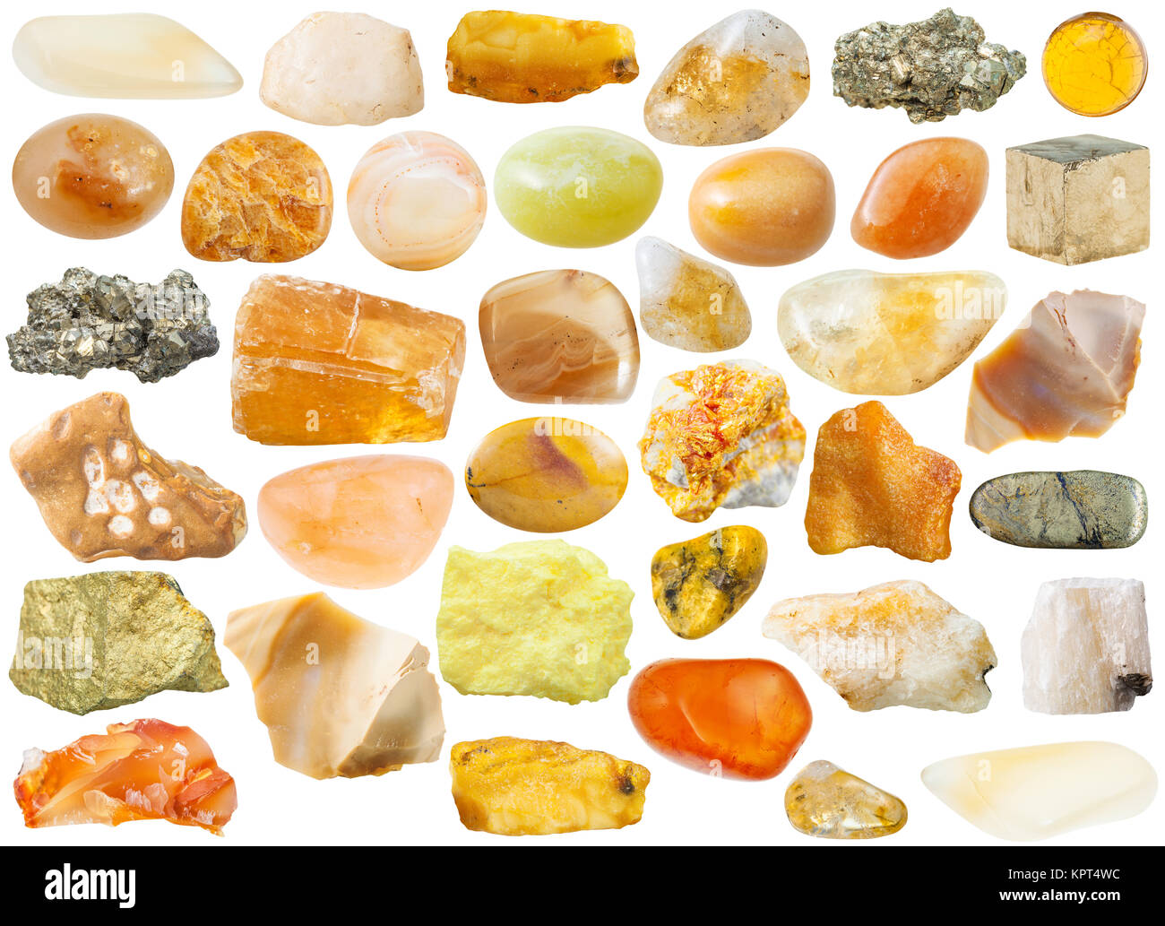 set of yellow and orange natural mineral stones and gemstones isolated ...