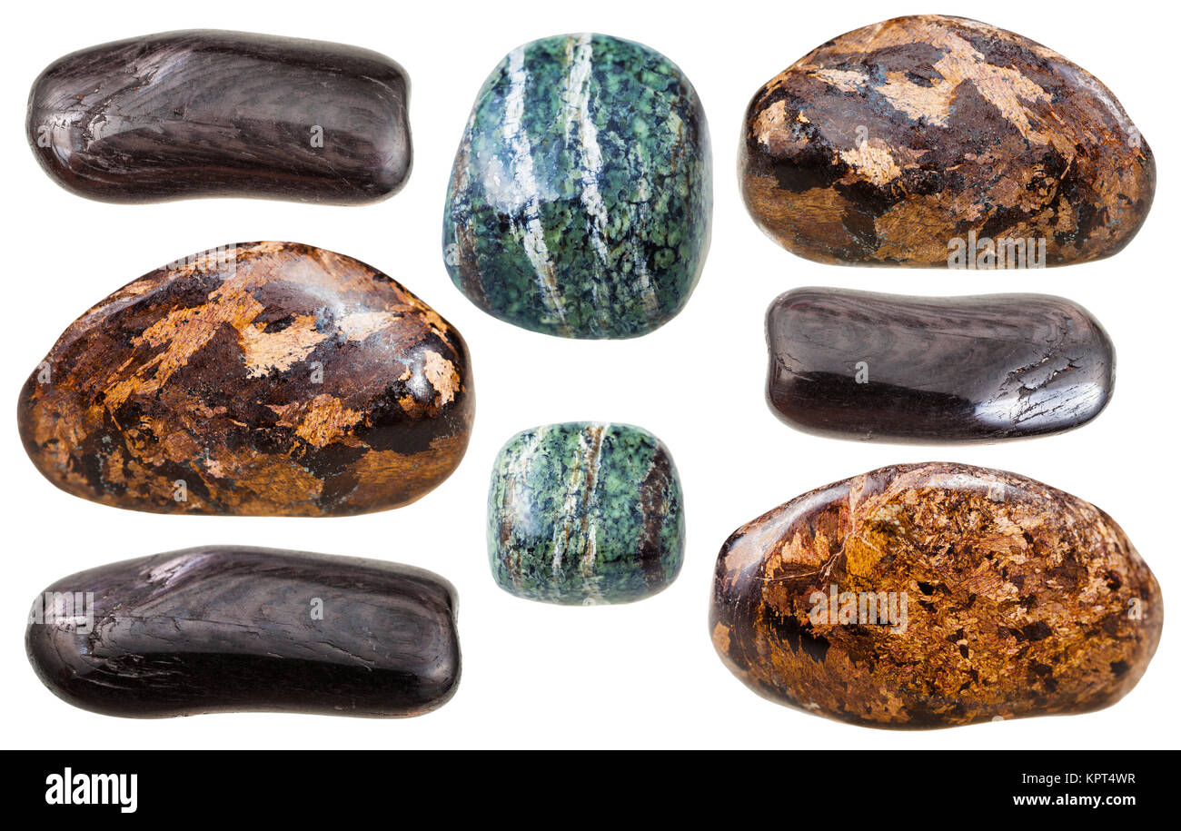 set of various Enstatite (bronzite, green and brown hypersthene ...