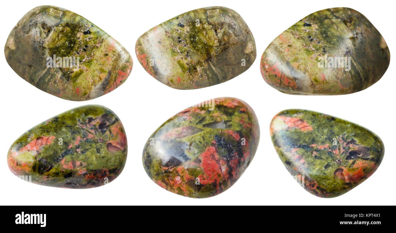 set of various unakite natural mineral stones and gemstones isolated on ...