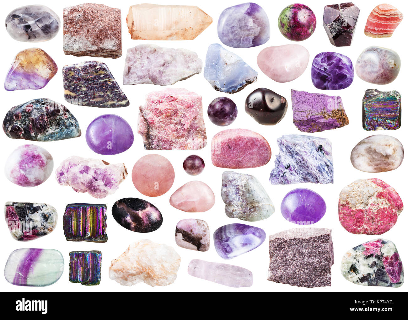 set of pink natural mineral stones and gemstones isolated on white ...