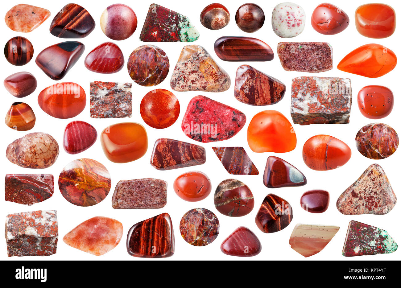 set of red natural mineral stones and gemstones isolated on white ...