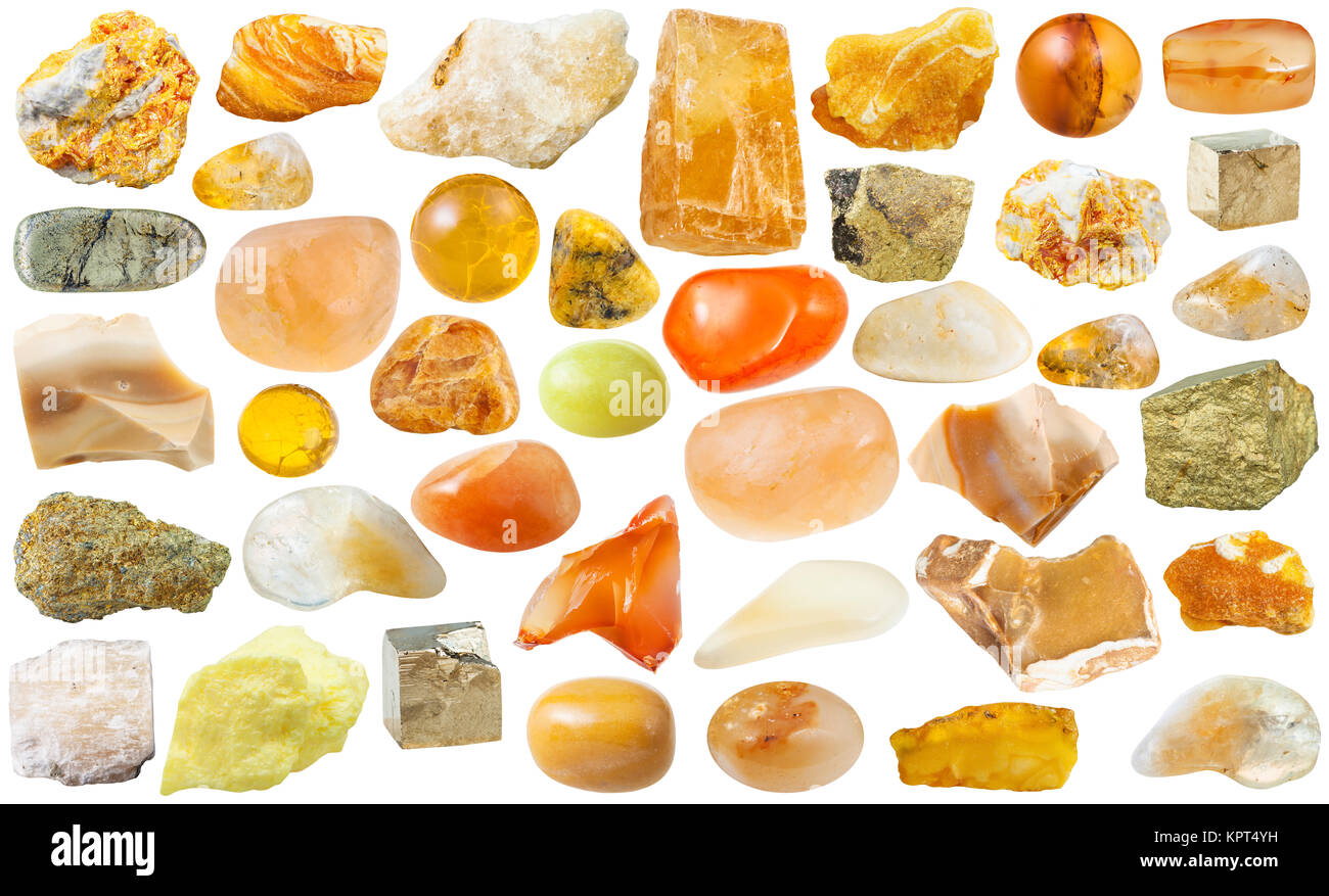 set of yellow natural mineral stones and gemstones isolated on white ...