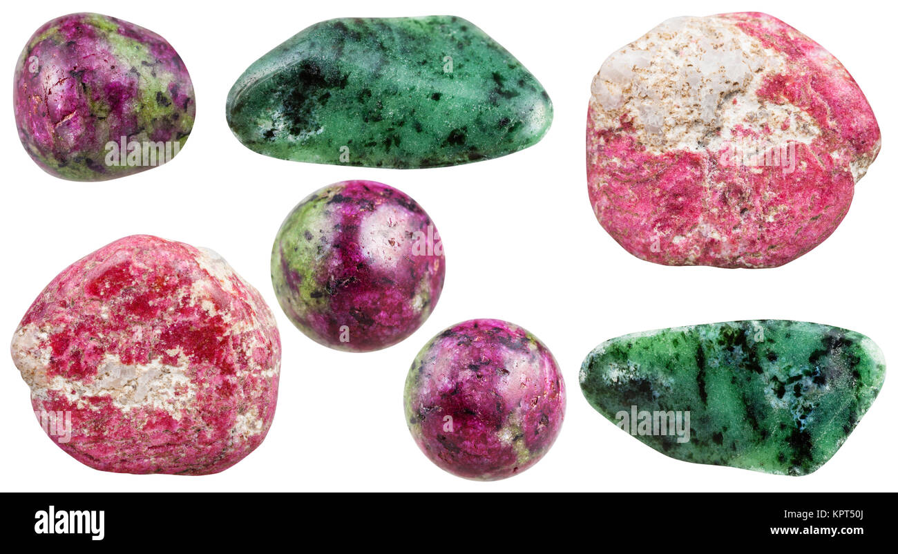 set of various zoisite natural mineral stones and gemstones isolated on ...