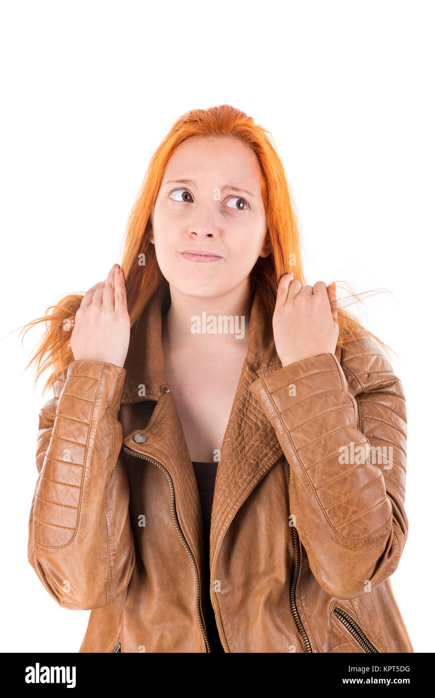 Stressed red hair girl isolated in white Stock Photo - Alamy