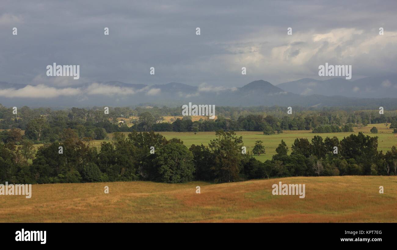 Autumn scene in rural New South Wales, Australia. Farmland, forest and ...