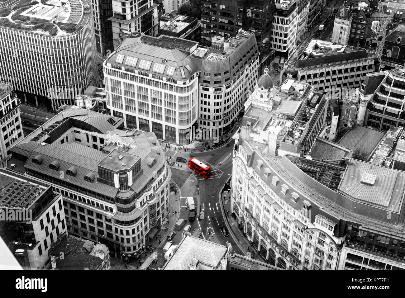 Red Bus ariel view of London City in England with various buildings and ...