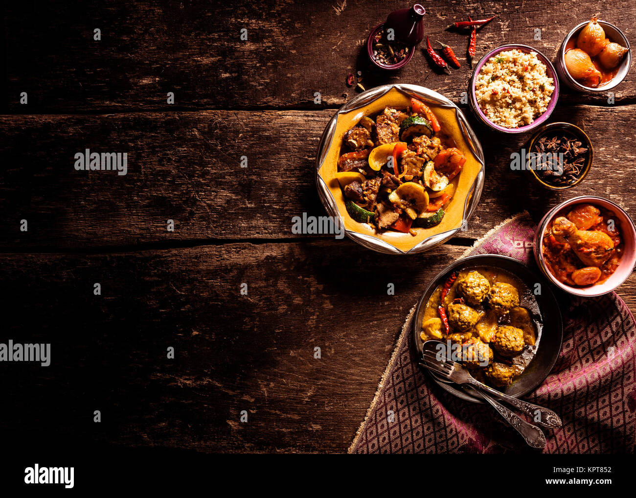 High Angle View of Traditional Tajine Dishes and Fresh Ingredients ...