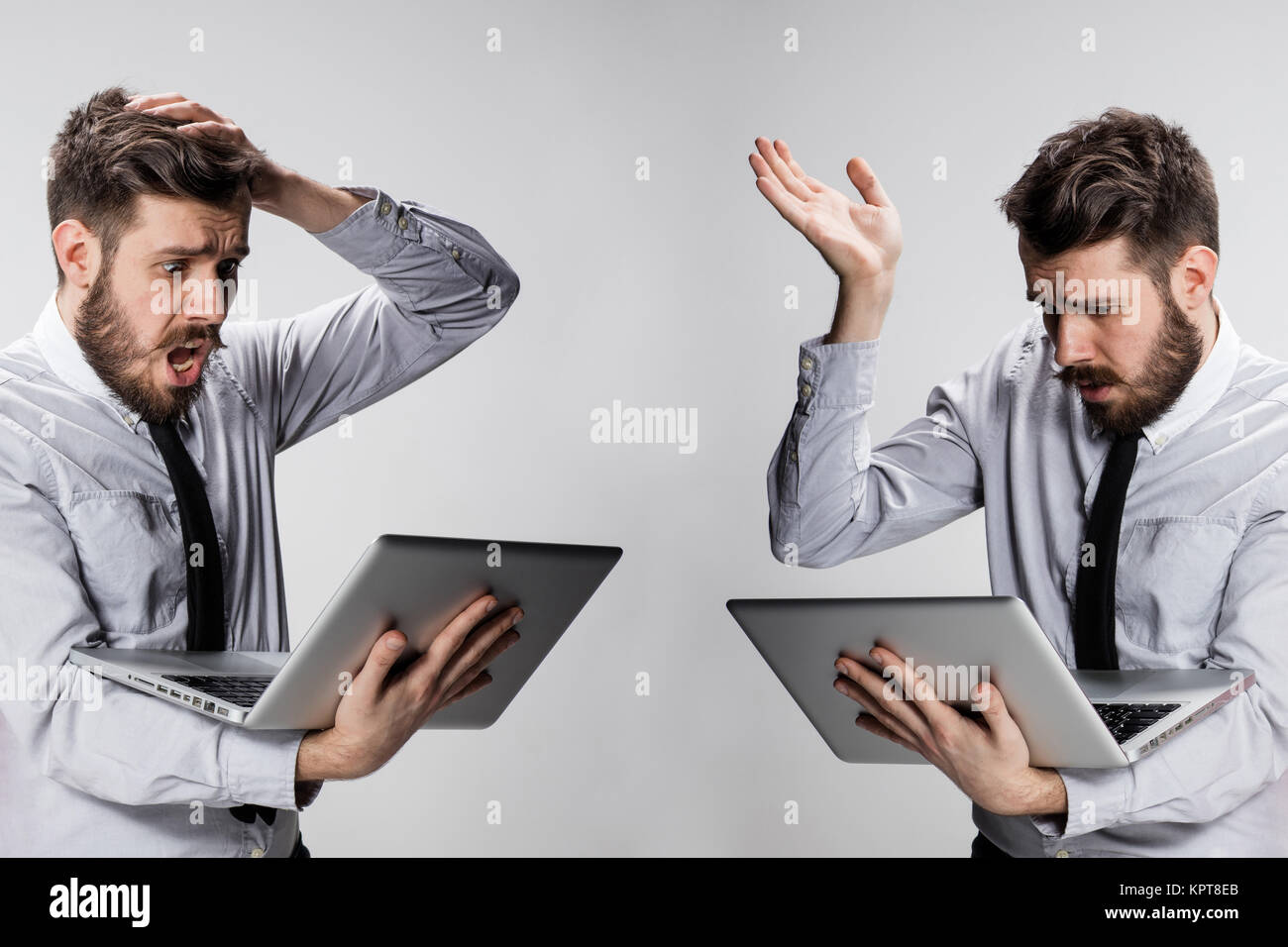 The young confused and frustrated man with his laptop computer Stock ...