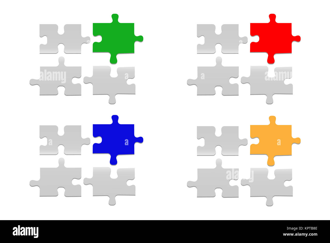 Notice board of three white gradient puzzle pieces and one color piece ...